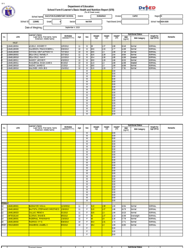 Nutritional Status SF8 by Teacher Tech | PDF