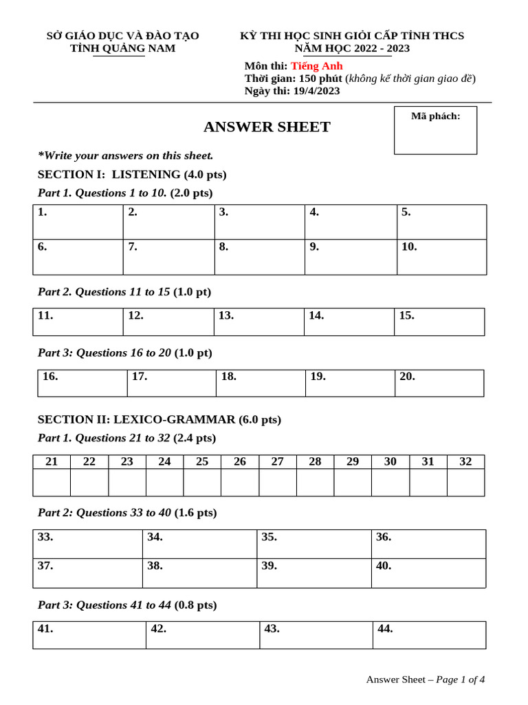 03 Answer Sheets | PDF