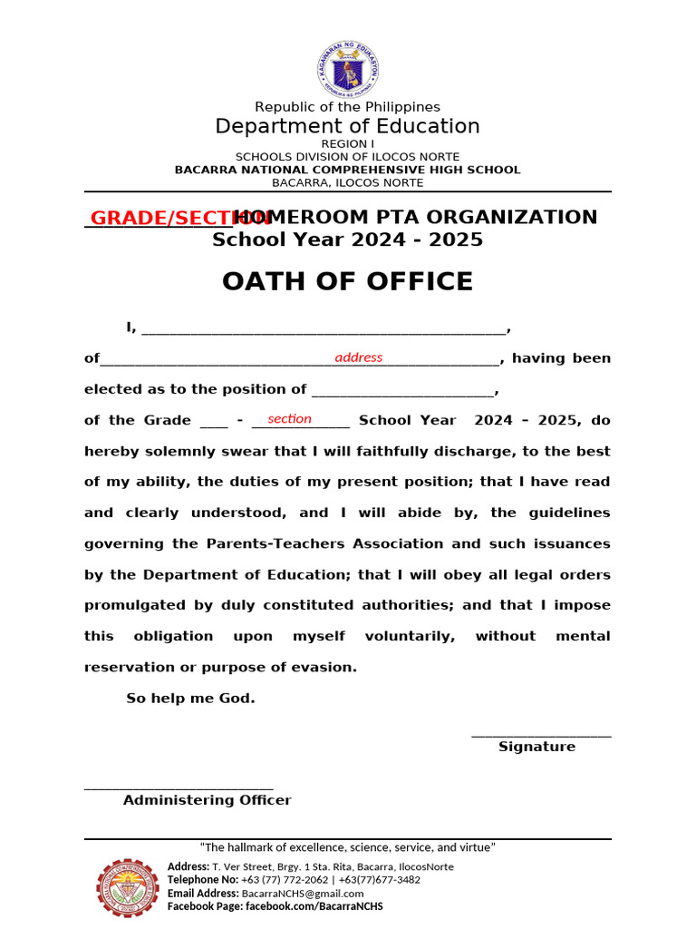 Oath of Office - Hpta.a4 | PDF