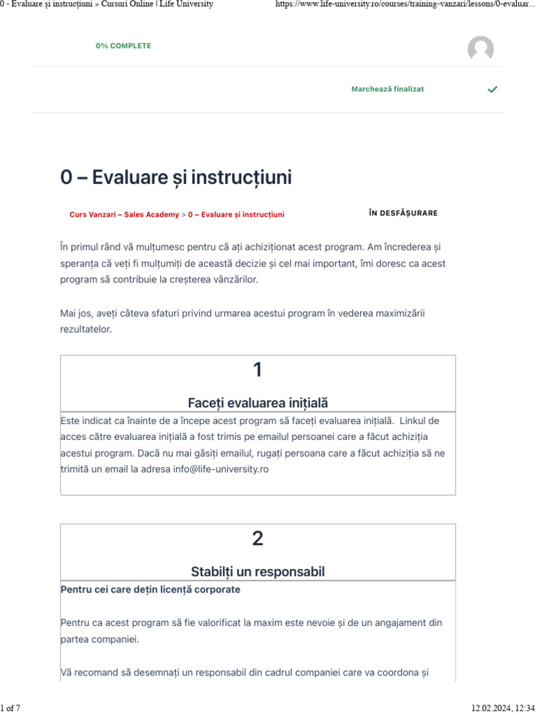 0 - Evaluare Și Instrucțiuni Cursuri Online Life University | PDF