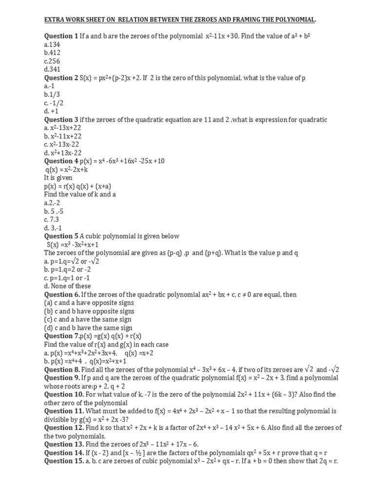 Class-10 Maths Polynomials Worksheet-7 | PDF