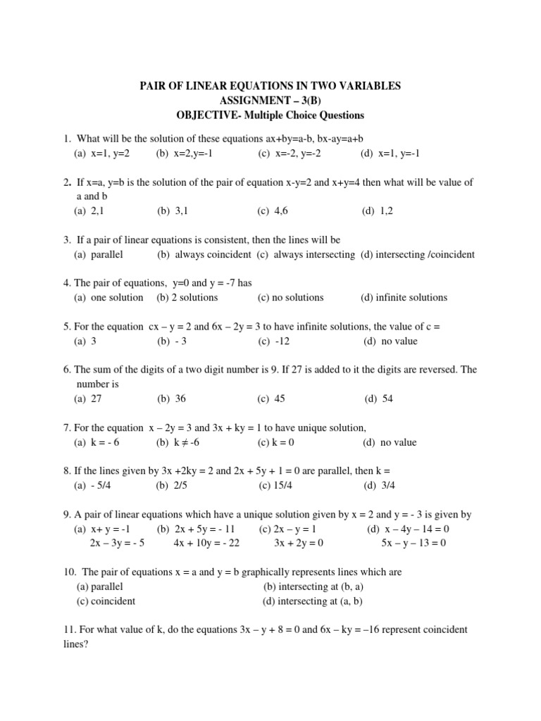10-Maths Ch-3 MCQ | PDF