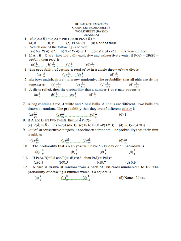 CLASS-11 MATHS CHAPTER-16 (PROBABILITY) - WORKSHEET 1 | PDF