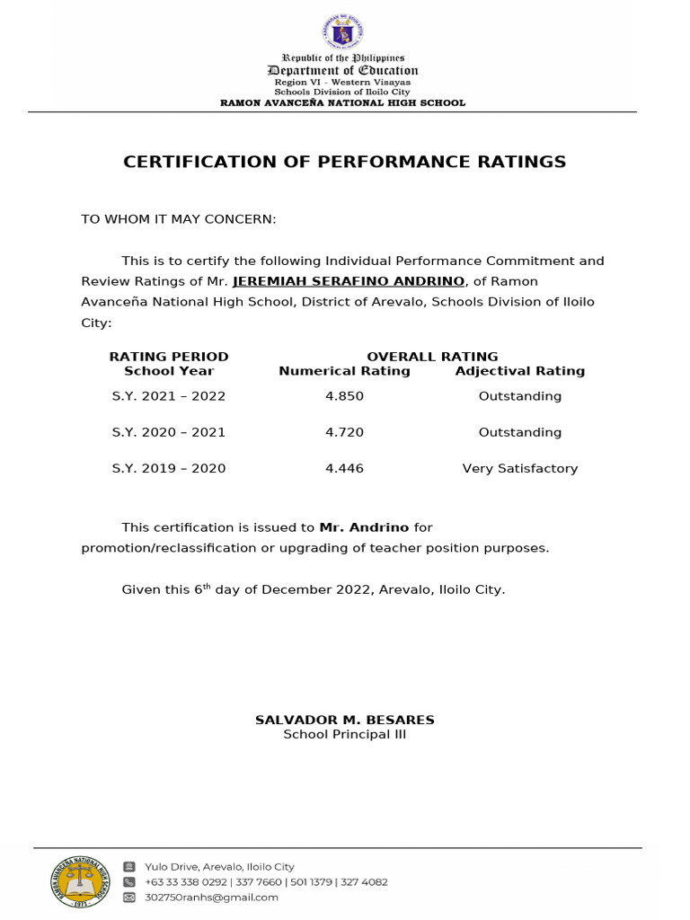 Certification of Performance Ratings | PDF