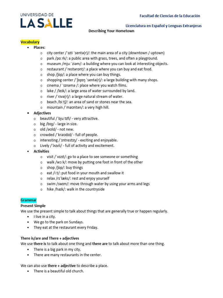 Basic Worksheet About Describing Your Hometown | PDF