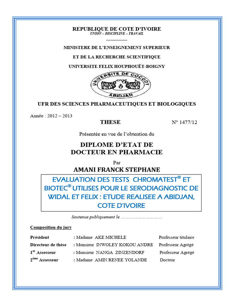 Diplome D'Etat de Docteur en Pharmacie Amani Franck Stephane | PDF