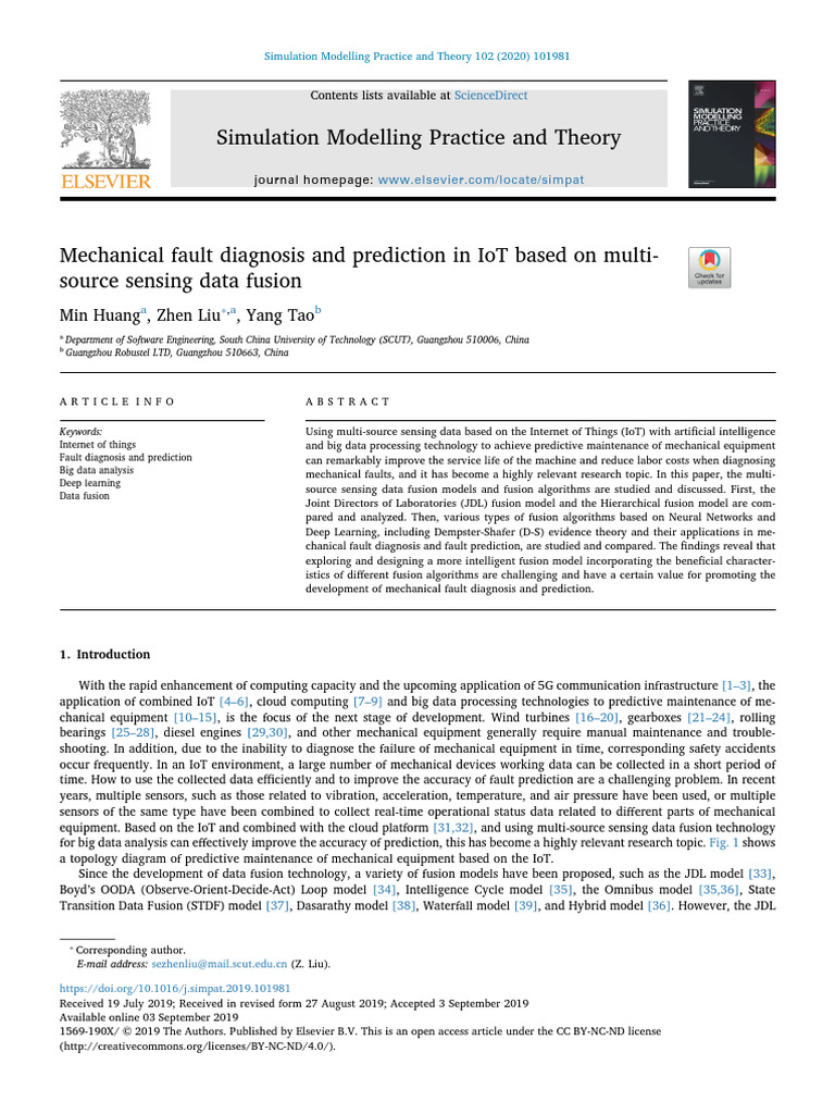 Mechanical Fault Diagnosis and Prediction in IoT Based On Multi-Source Sensing Data Fusion | PDF