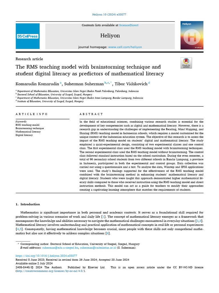The RMS Teaching Model With Brainstorming Technique and Student Digital Literacy As Predictors ...