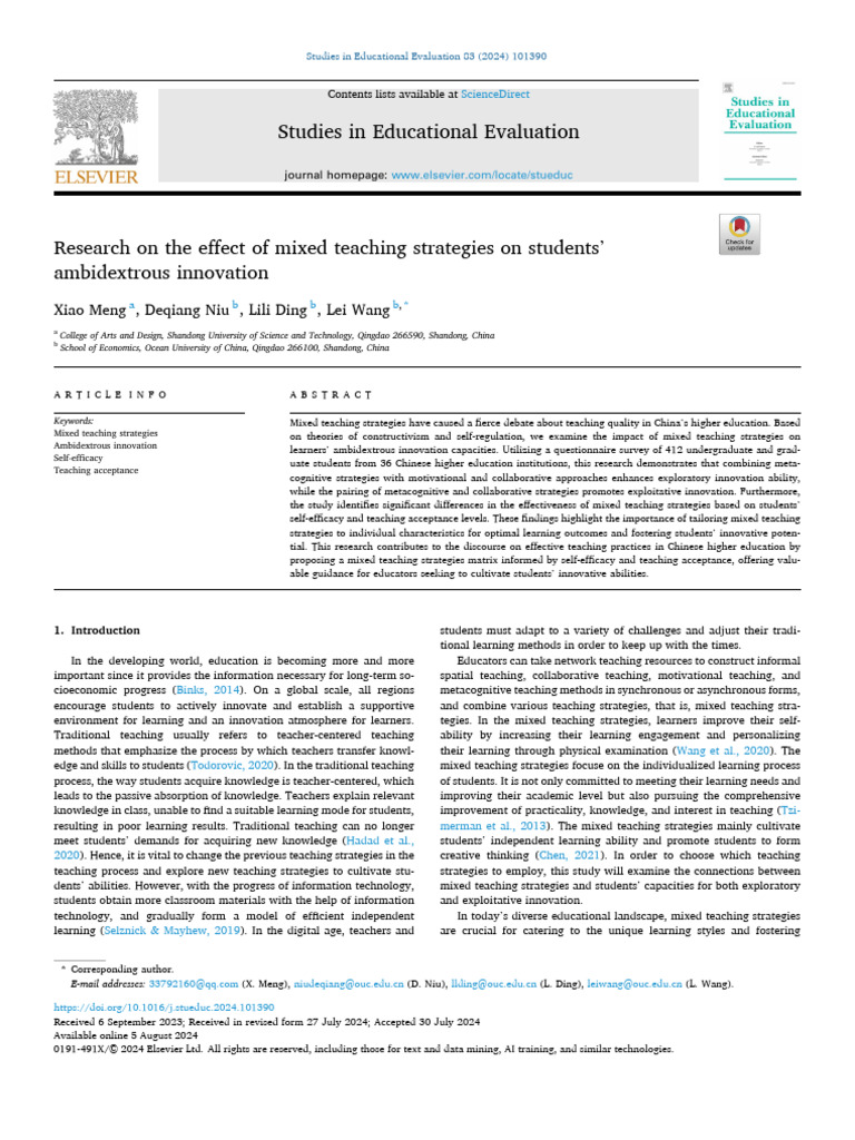 Research On The Effect of Mixed Teaching Strategies On Students' Ambidextrous Innovation | PDF