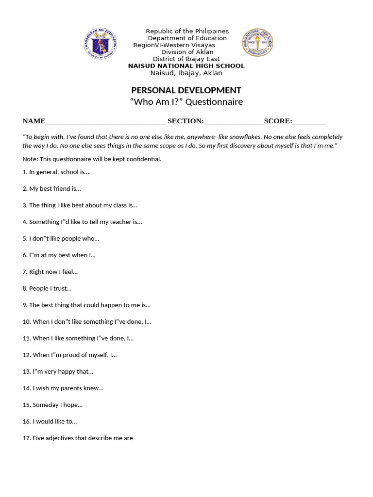 Who Am I Questionnaire | PDF