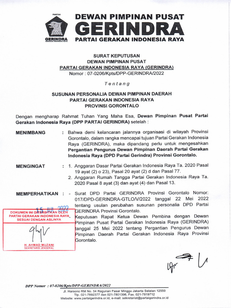 SK Pengurus DPD GERINDRA GORONTALO | PDF