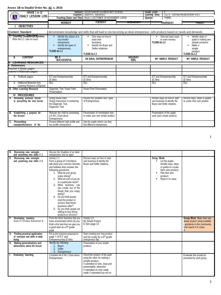 DLL Tle Ict Week 1 10 | PDF | Educational Technology | Teachers