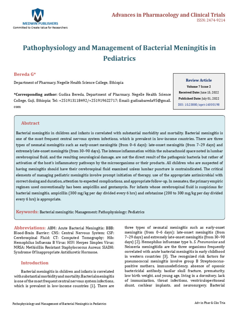 Pathophysiology and Management of Bacterial Meningitis in 12kdecl1 | PDF