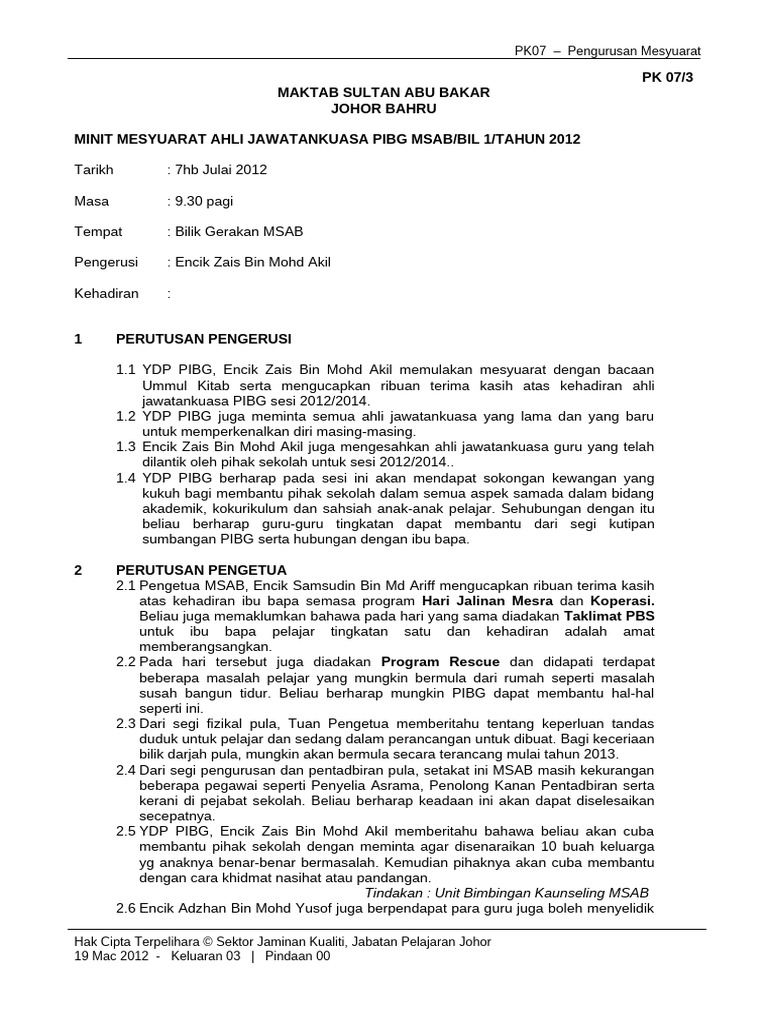 Minit Mesyuarat Ajk Pibg Kali I 2012 | PDF
