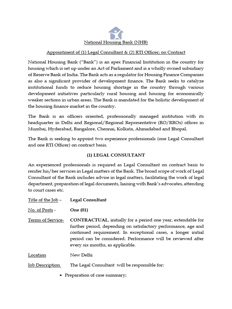 NHB Legal Consultant & RTI Officer Jobs | PDF | Banks | Justice