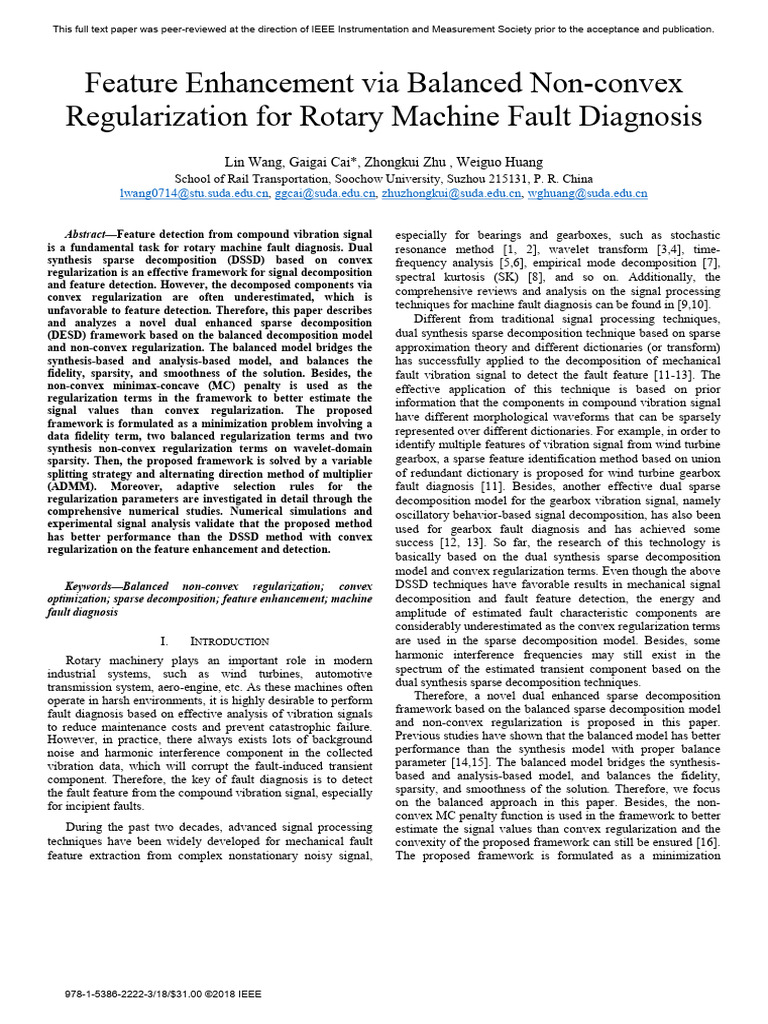 Feature Enhancement Via Balanced Non-Convex Regularization For Rotary Machine Fault Diagnosis | PDF