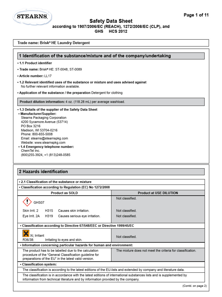 SDS Brisk He Laundry | PDF | Dangerous Goods | Toxicity