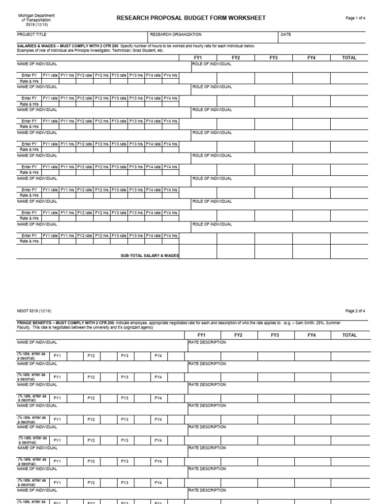 Research Proposal Budget Form Worksheet | PDF