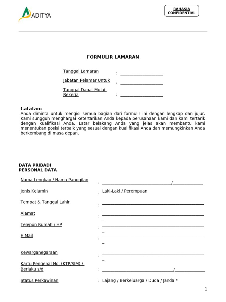 Form Pelamar PT Aditya | PDF