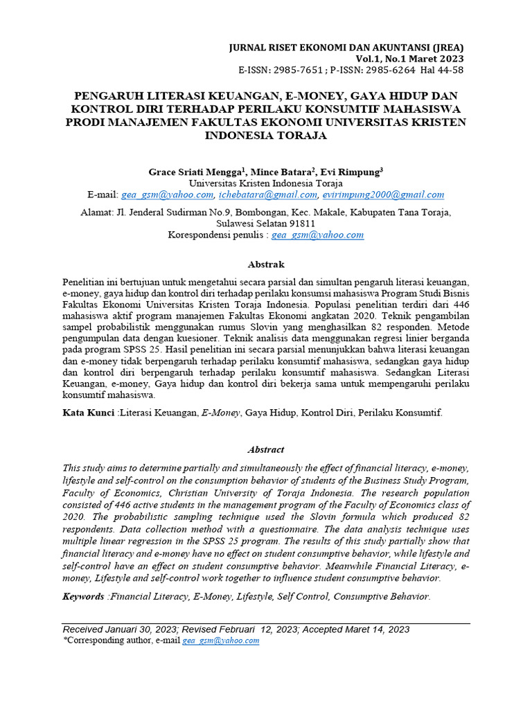 44-58 Pengaruh Literasi Keuangan, E-Money, Gaya Hidup Dan Kontrol Diri Terhadap Perilaku ...