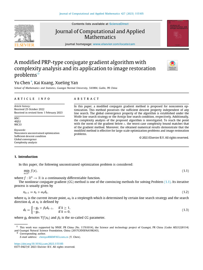2023 Chen Etal Modified PRP With Complexity Analysis and Image Restoration | PDF