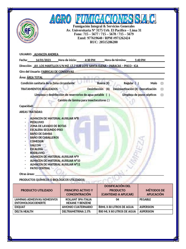 Informe Tecnico - Fumigacion y Desinsectacion Andrea | PDF