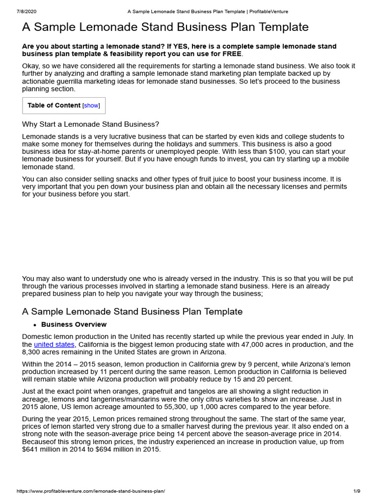 A Sample Lemonade Stand Business Plan Template - ProfitableVenture ...