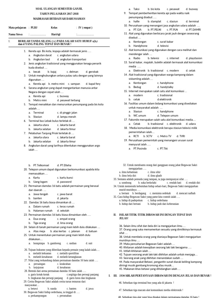 Soal Ulangan Semester Ganjil Mi Darussaman 3 | PDF