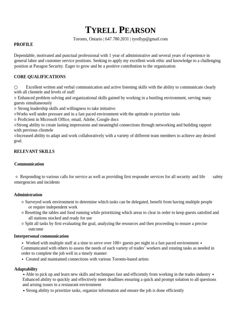 Tyrell Pearson Resume Paragon | PDF