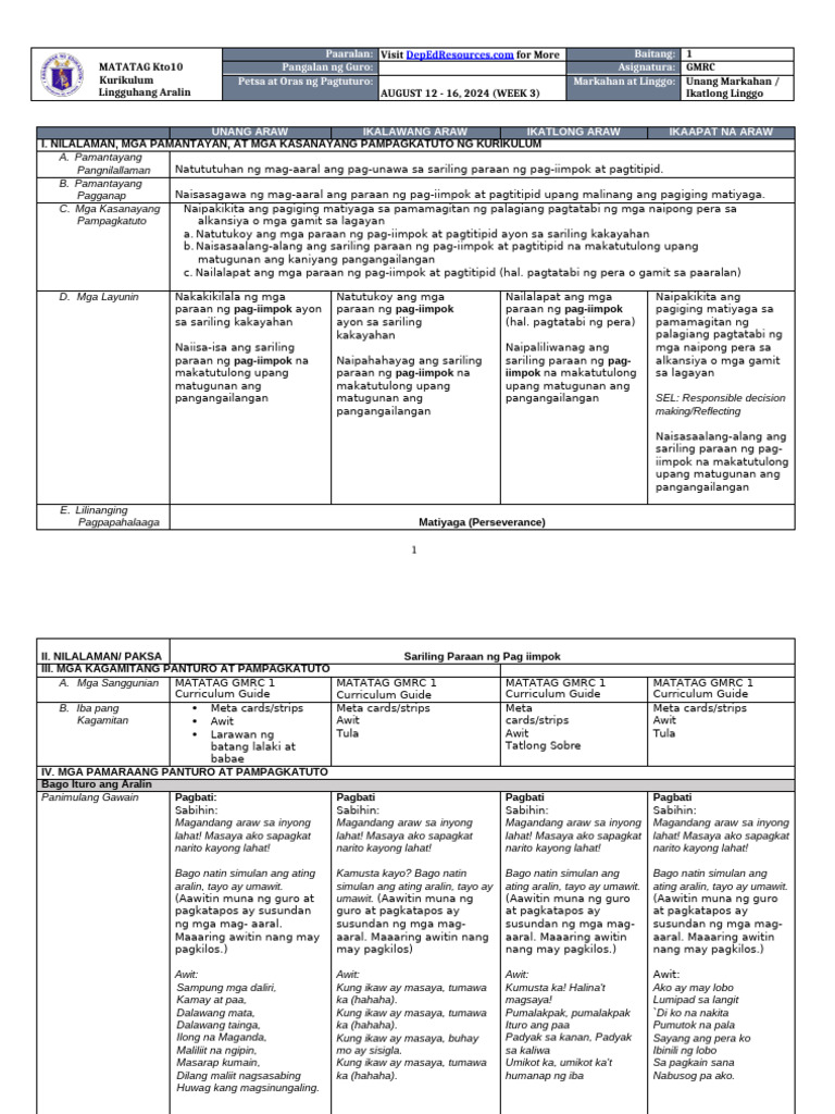 DLL Matatag - GMRC 1 - Q1 - W3 | PDF