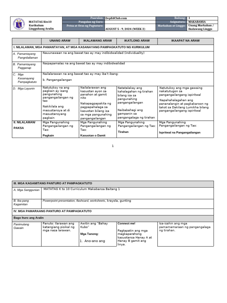 DLL Matatag - Makabansa 1 - Q1 - W2 | PDF