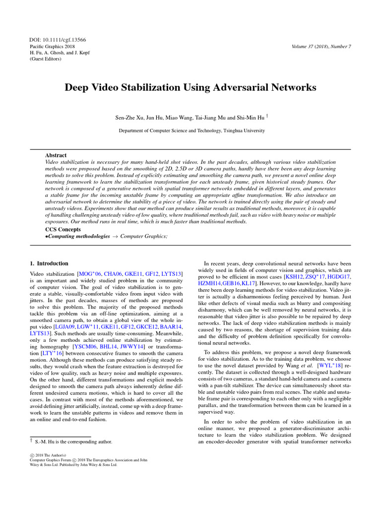 Deep Video Stabilization Using Adversarial Networks | PDF