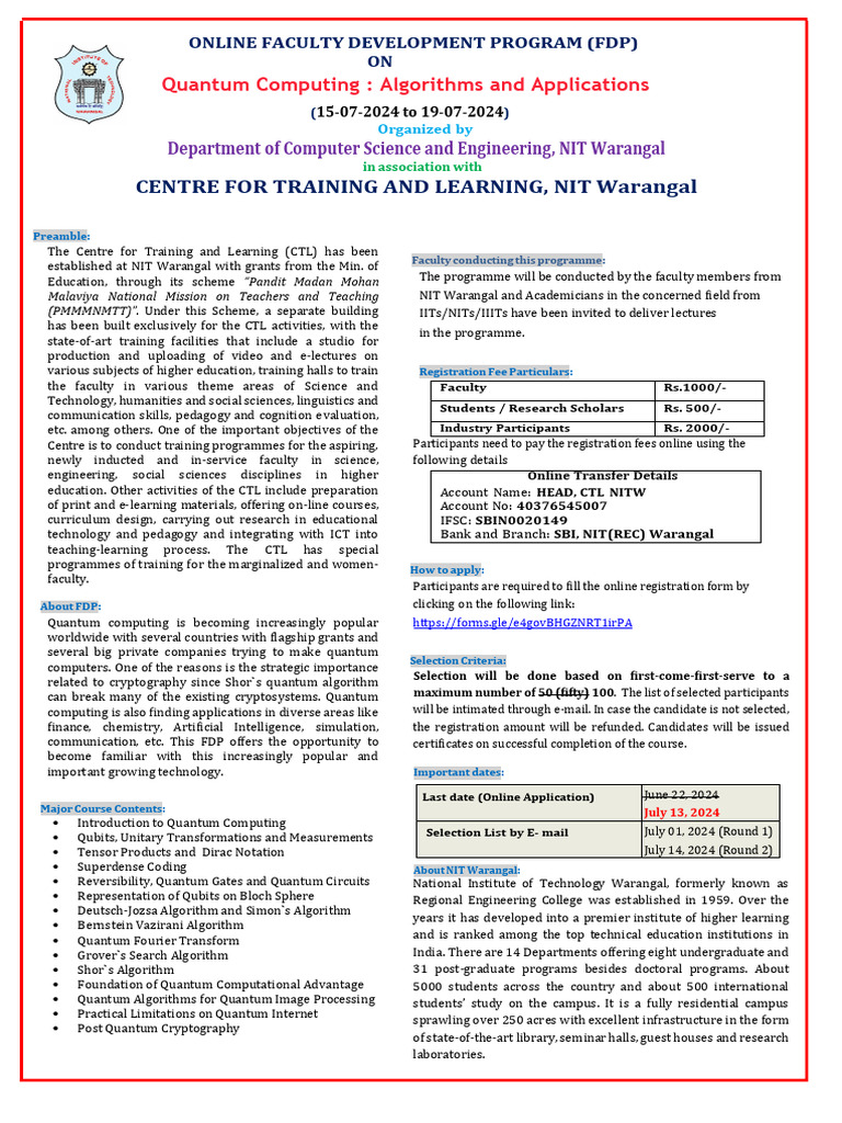 Brochure - FDP On Quantum Computing Algorithms and Applications - NIT Warangal | PDF