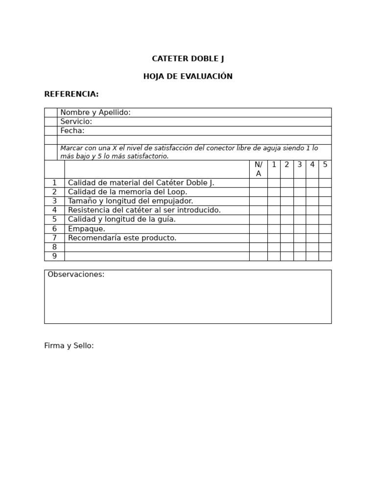 Cateter Doble J Hoja Evaluacion | PDF