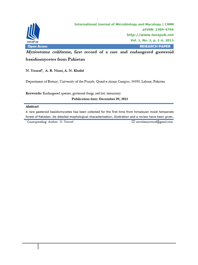 Myriostoma Coliforme, First Record of A Rare and Endangered Gasteroid ...