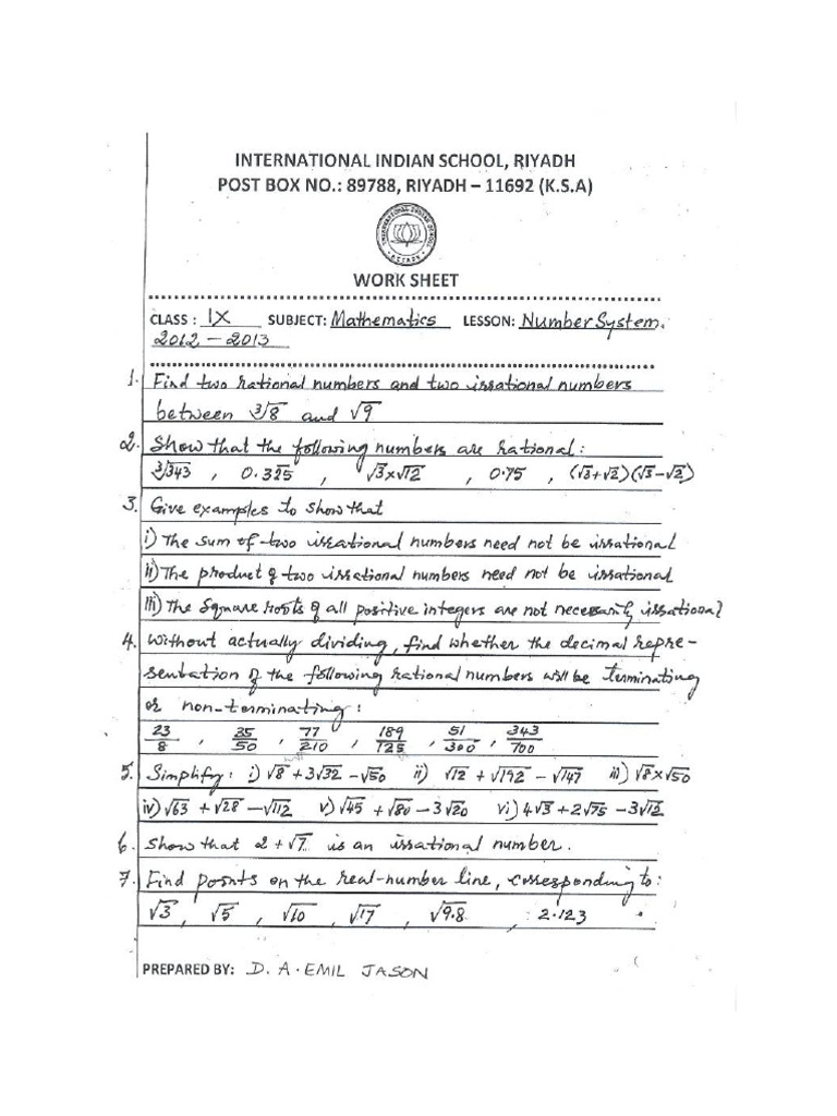 CBSE Class 9 Mathematics Worksheet - Number System | PDF