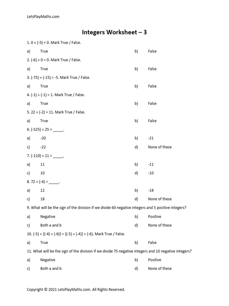Integers Worksheet 3 | PDF