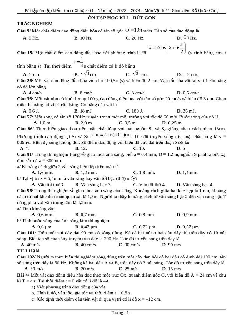 Bài t p ôn t p ki m tra cu i h c kì I - Năm h c: 2023 - 2024 - Môn V t lí 11 - Giáo viên: Đ Qu c ...