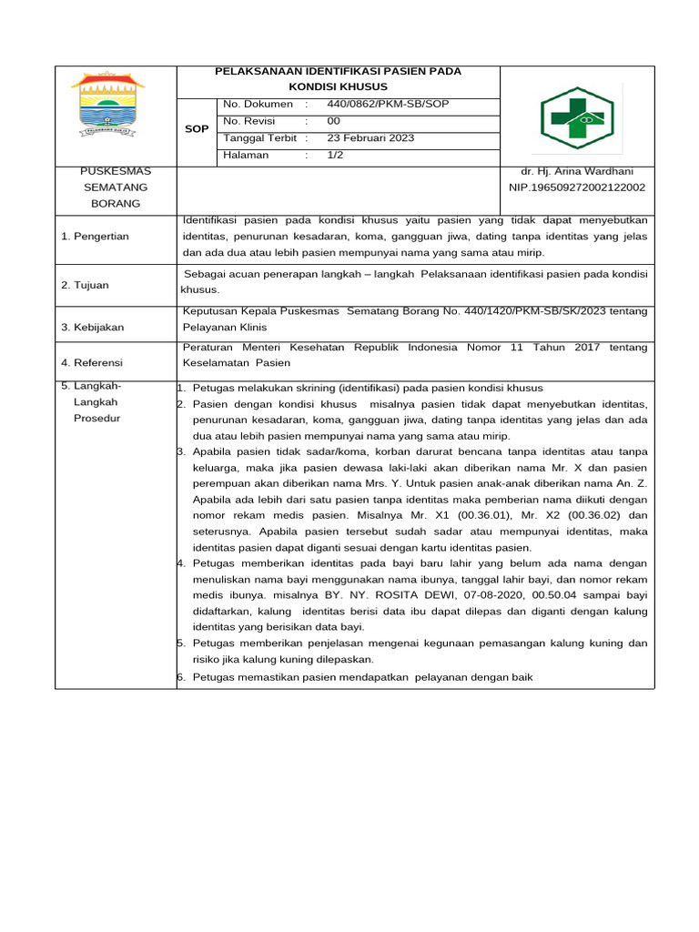 SOP Identifikasi Dan Pemenuhan Kebutuhan Pasien Dengan Resiko, Kendala, Dan Kebutuhan Khusus | PDF