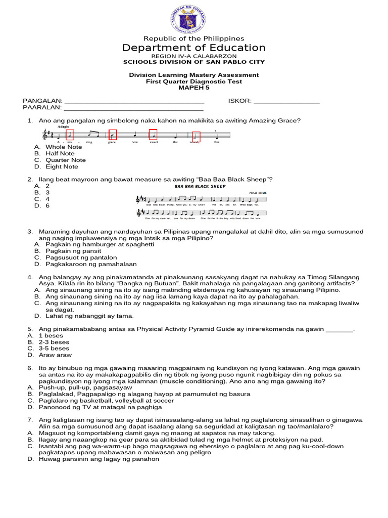 Mapeh 5 - First Quarter Diagnostic Test | PDF