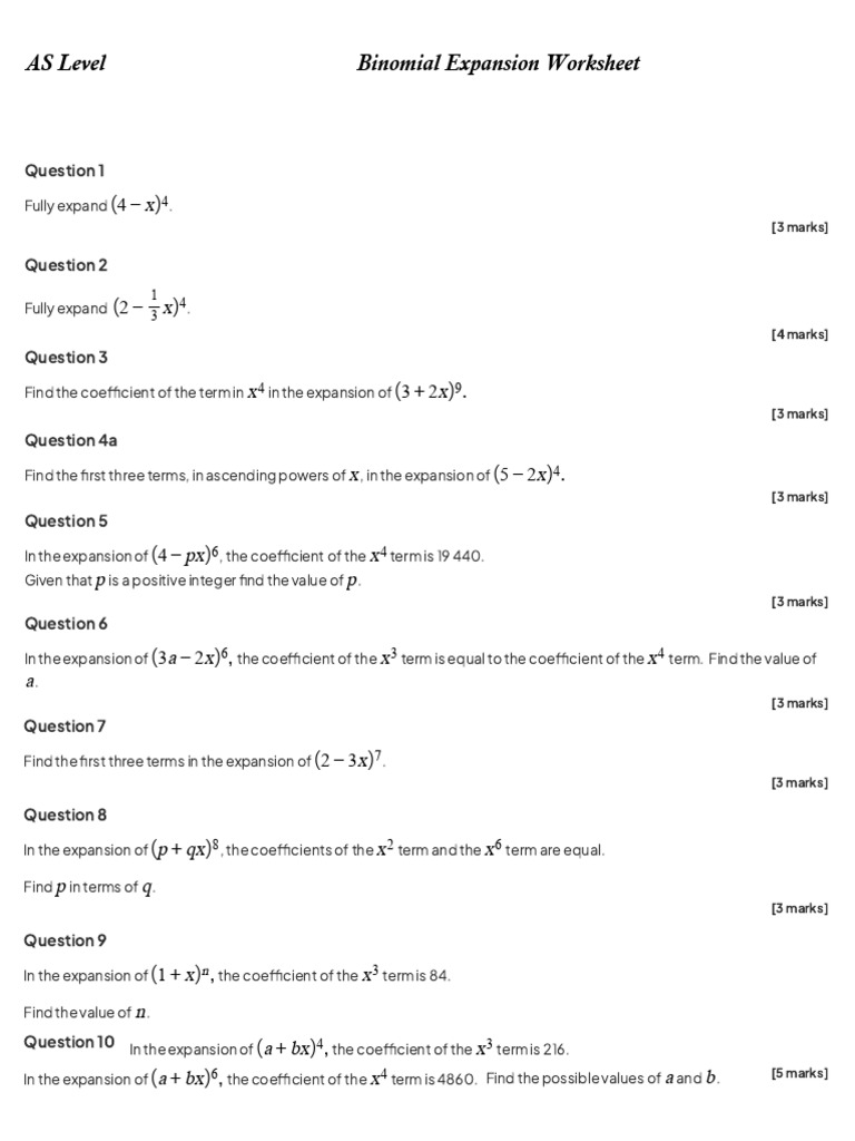 Binomial Expansion Worksheet | PDF