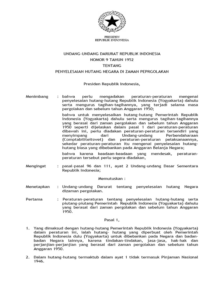 UU Darurat Nomor 9 Tahun 1952 | PDF
