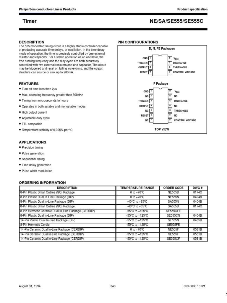 NE/SA/SE555/SE555C Timer: Description Pin Configurations | PDF ...