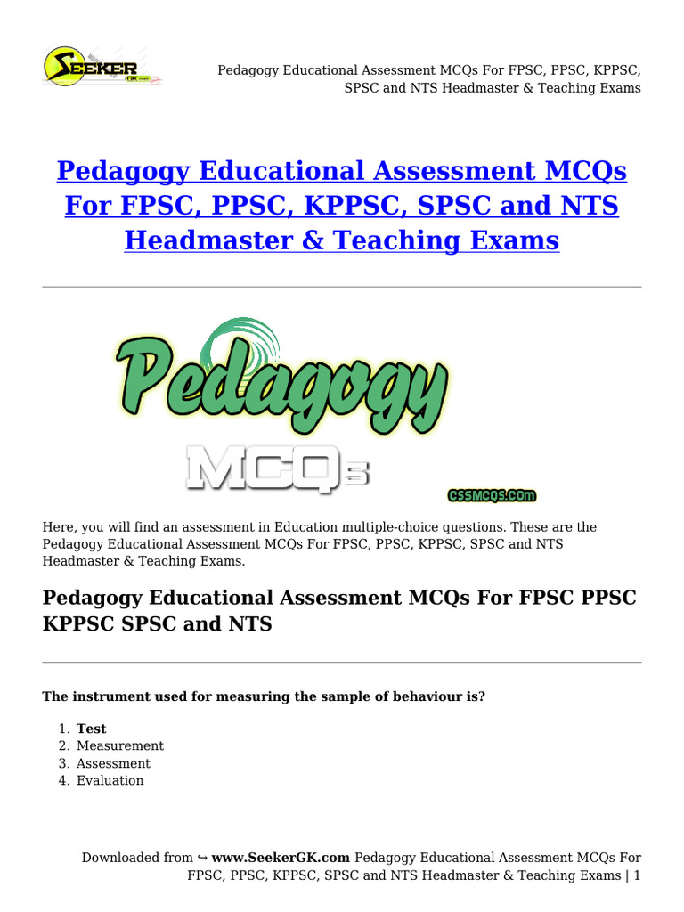 Pedagogy Educational Assessment MCQs For FPSC, PPSC, KPPSC, SPSC and NTS Headmaster & Teaching ...