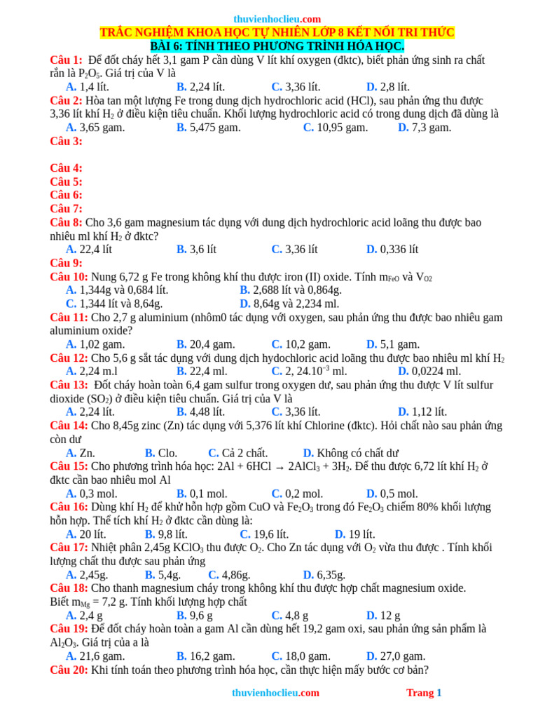 Trac Nghiem KHTN 8 KNTT Bai 6 | PDF