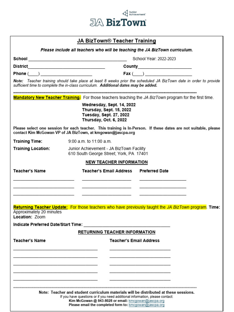 2022-2023 New Teacher Training & Update Form | PDF