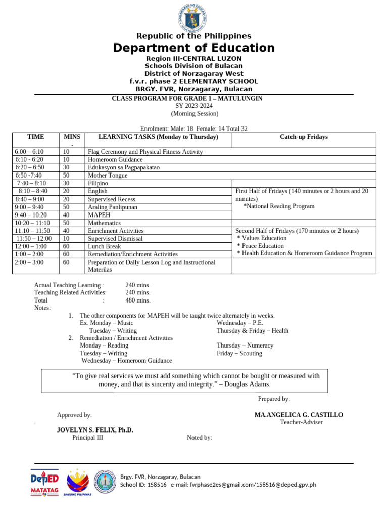 2024 Class Program With Catch Up Fridays | PDF