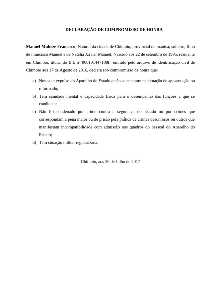 DECLARAÇÃO DE COMPROMISSO DE HONRA | PDF DECLARAÇÃO DE COMPROMISSO DE HONRA | PDF