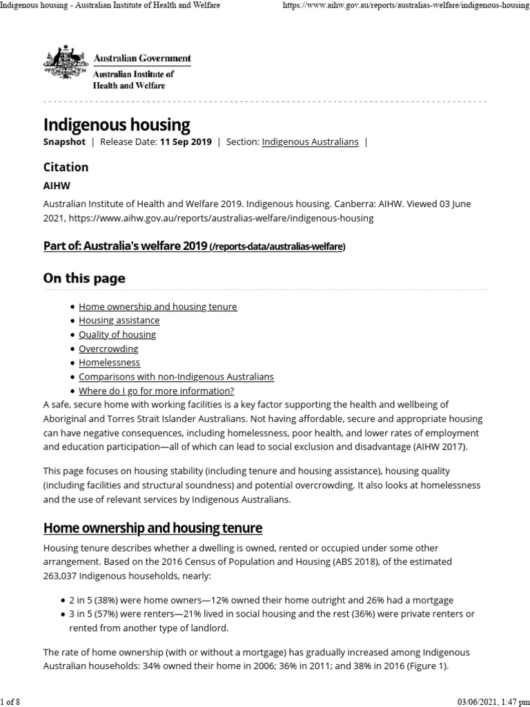 Indigenous Housing - Australian Institute of Health and Welfare | PDF