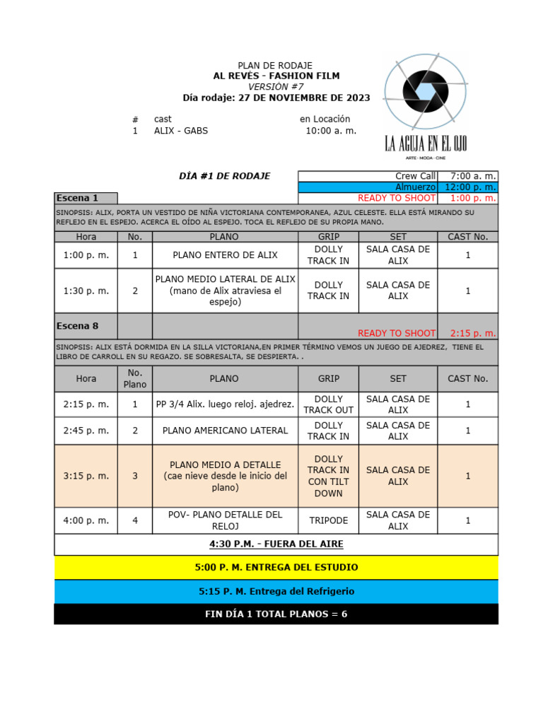 DÍA 1 V7 Plan de Rodaje - AL REVÉS | PDF